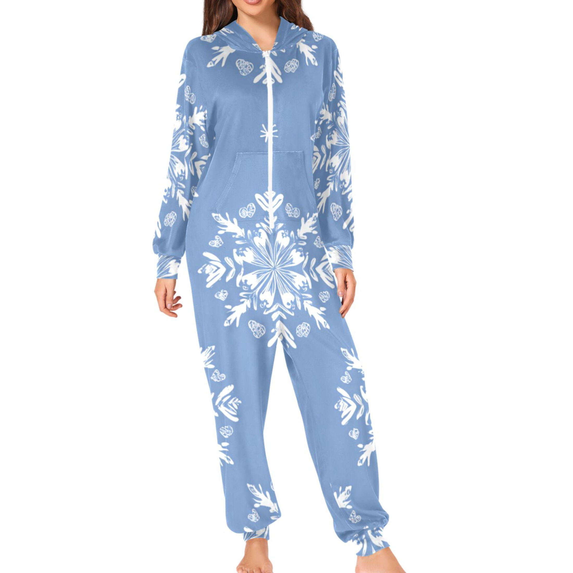 Christmas Adorable Snowflakes Blue Background Adult's Hoodie Onesie ...
