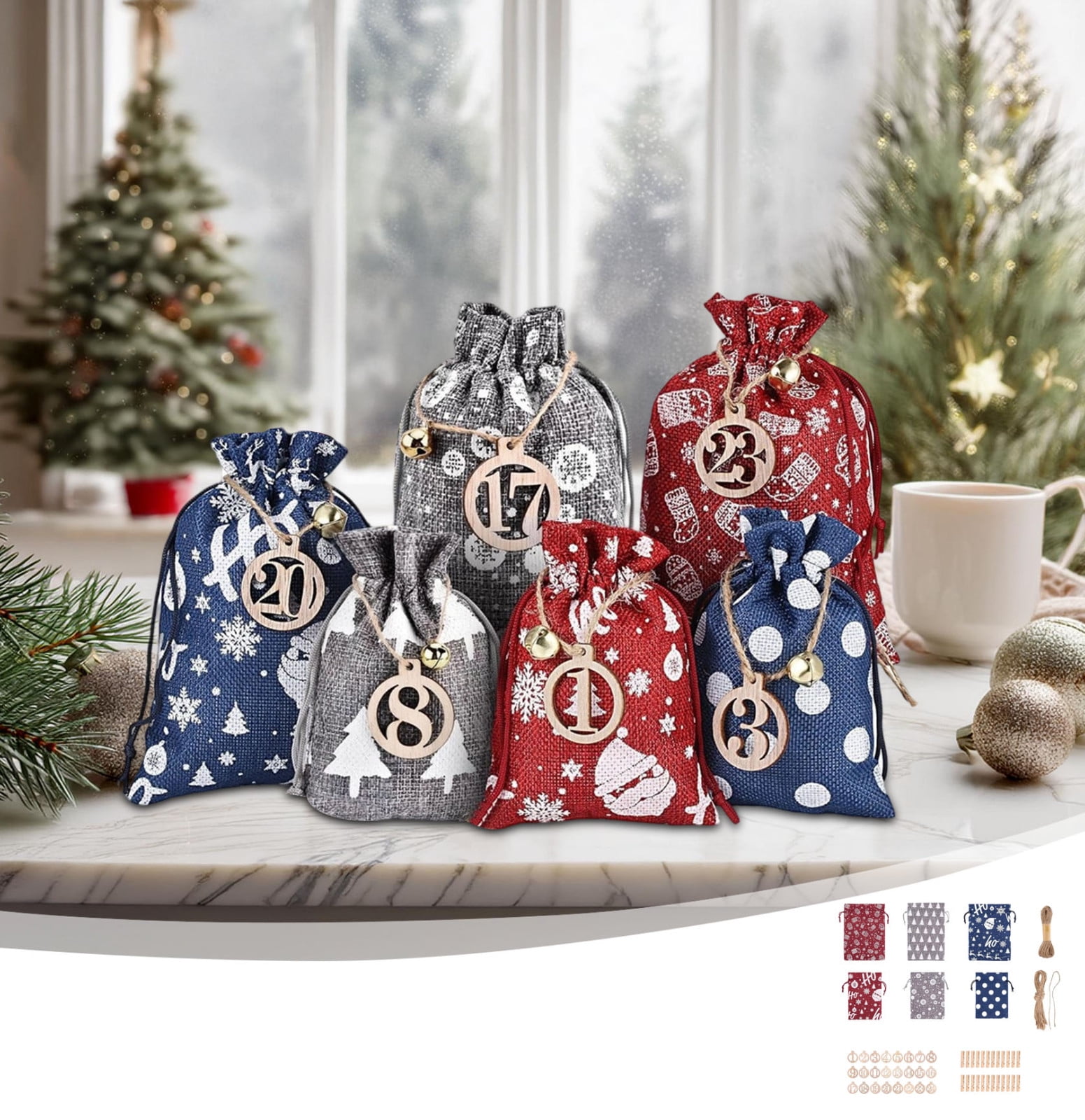 Christmas Advent Calendar Bag 24PCS 5.12x6.8in Beige Polyester Reusable ...