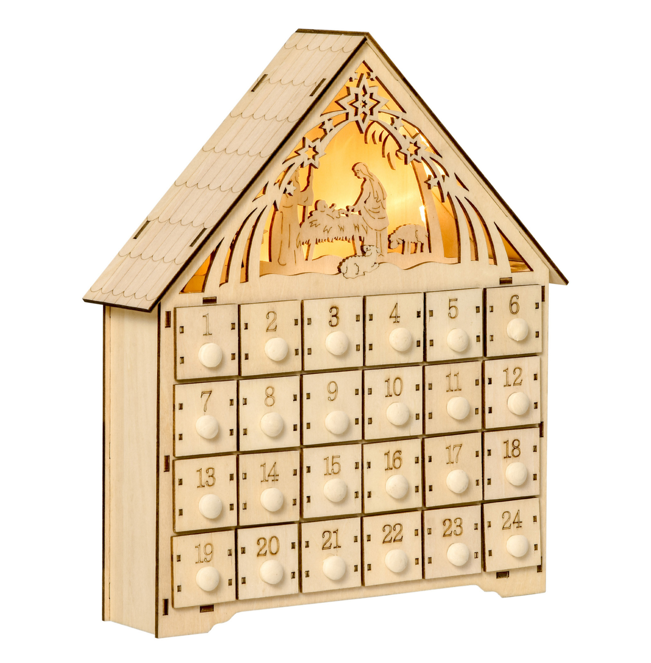 Christmas Advent Calendar, Light Up Manger Scene Xmas Wooden House ...
