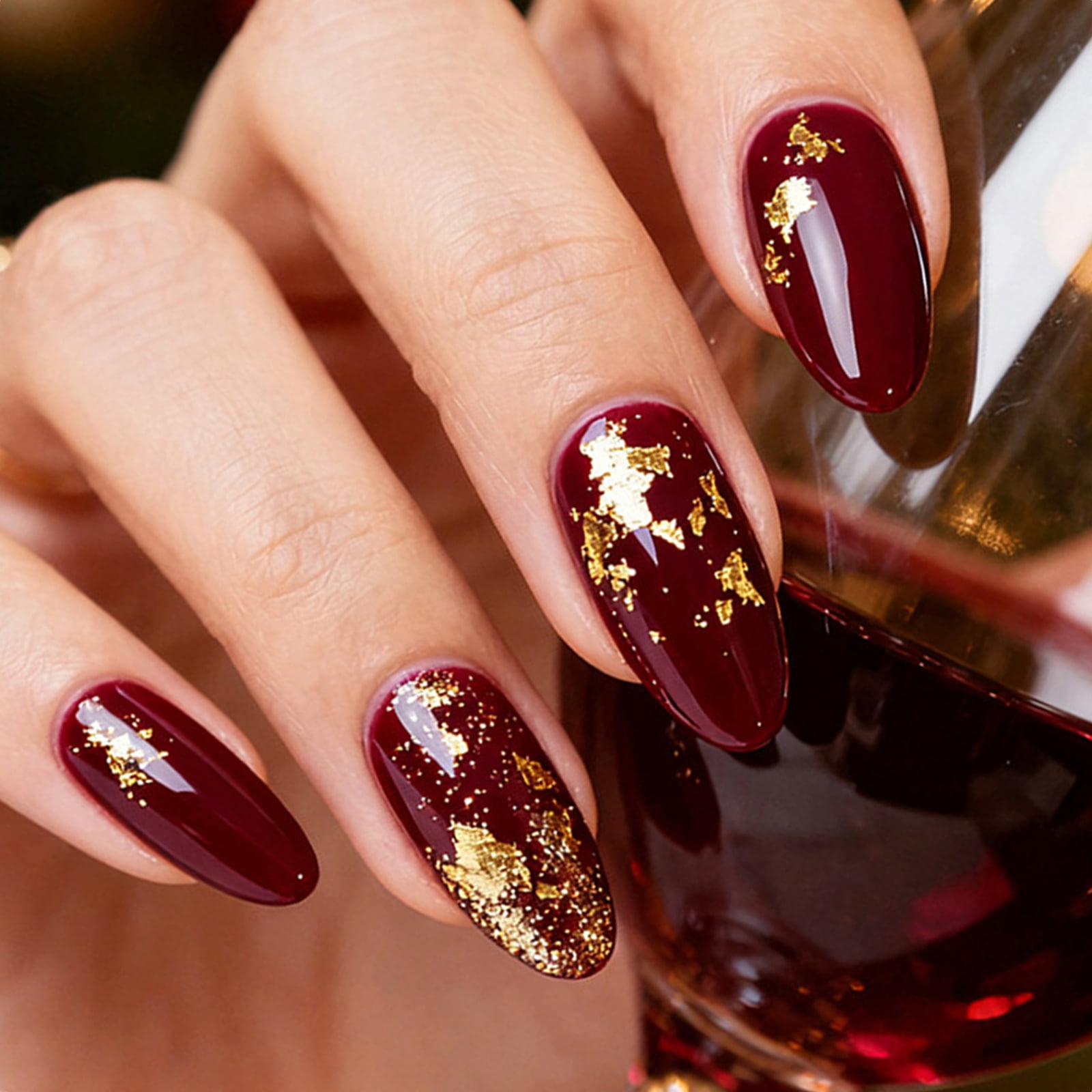 Christmas Almond False Nails Wine Red Gold Tips ABS Press Nails Easy ...