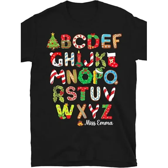 Christmas Alphabet Teacher Shirt - 100% Cotton, Short Sleeve, Round ...