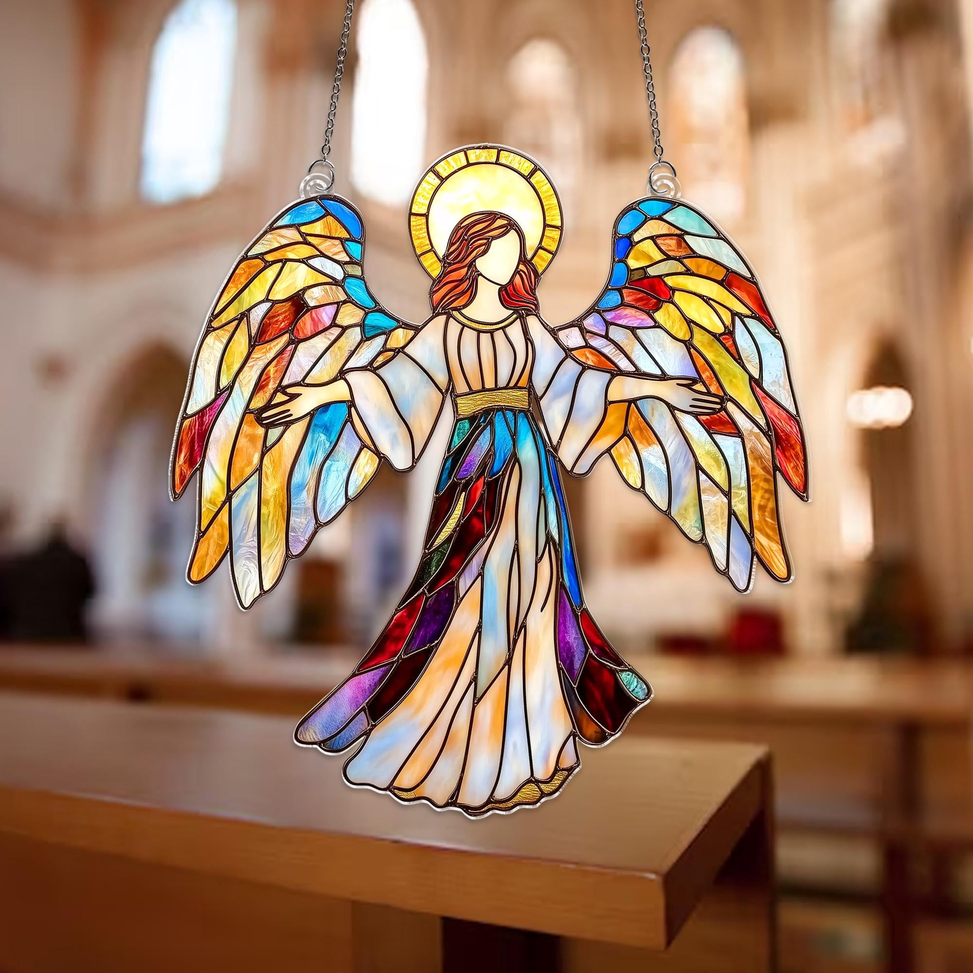 Christmas Angel Acrylic Suncatcher, Winged Faux Stained Glass Decor ...