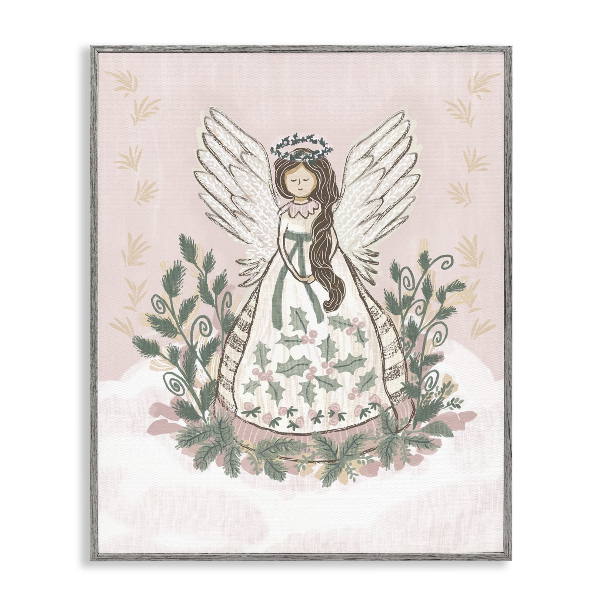 Stupell Industries Christmas Angel with Botanicals Gray Framed Giclee ...