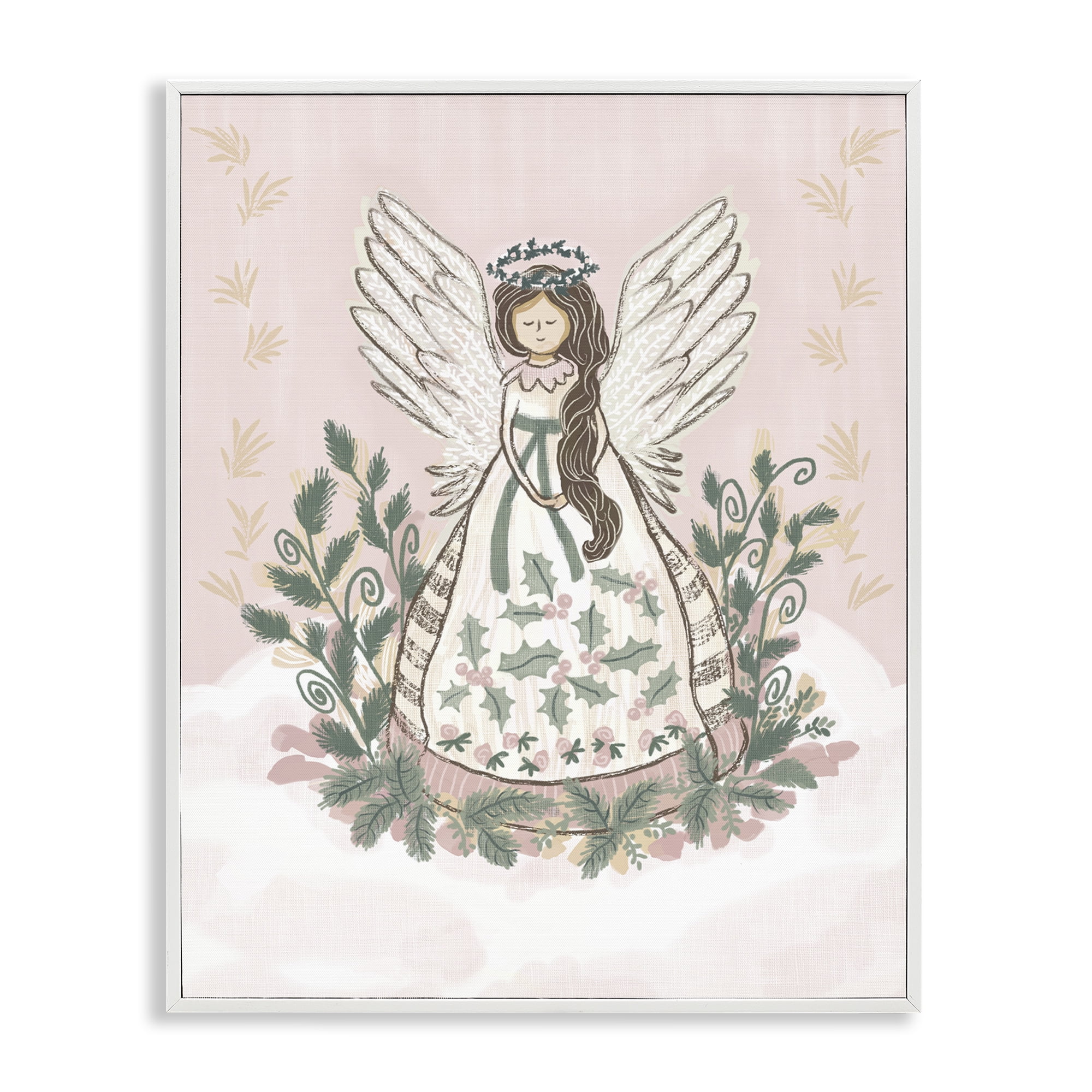 Stupell Industries Christmas Angel with Botanicals White Framed Giclee ...
