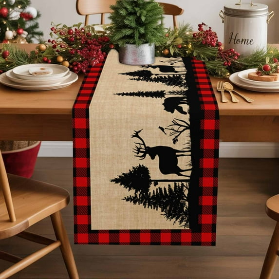 Christmas Animal Cotton Linen Table Runner Moose Xmas Tree Dining Table Runners for Home Decor ...