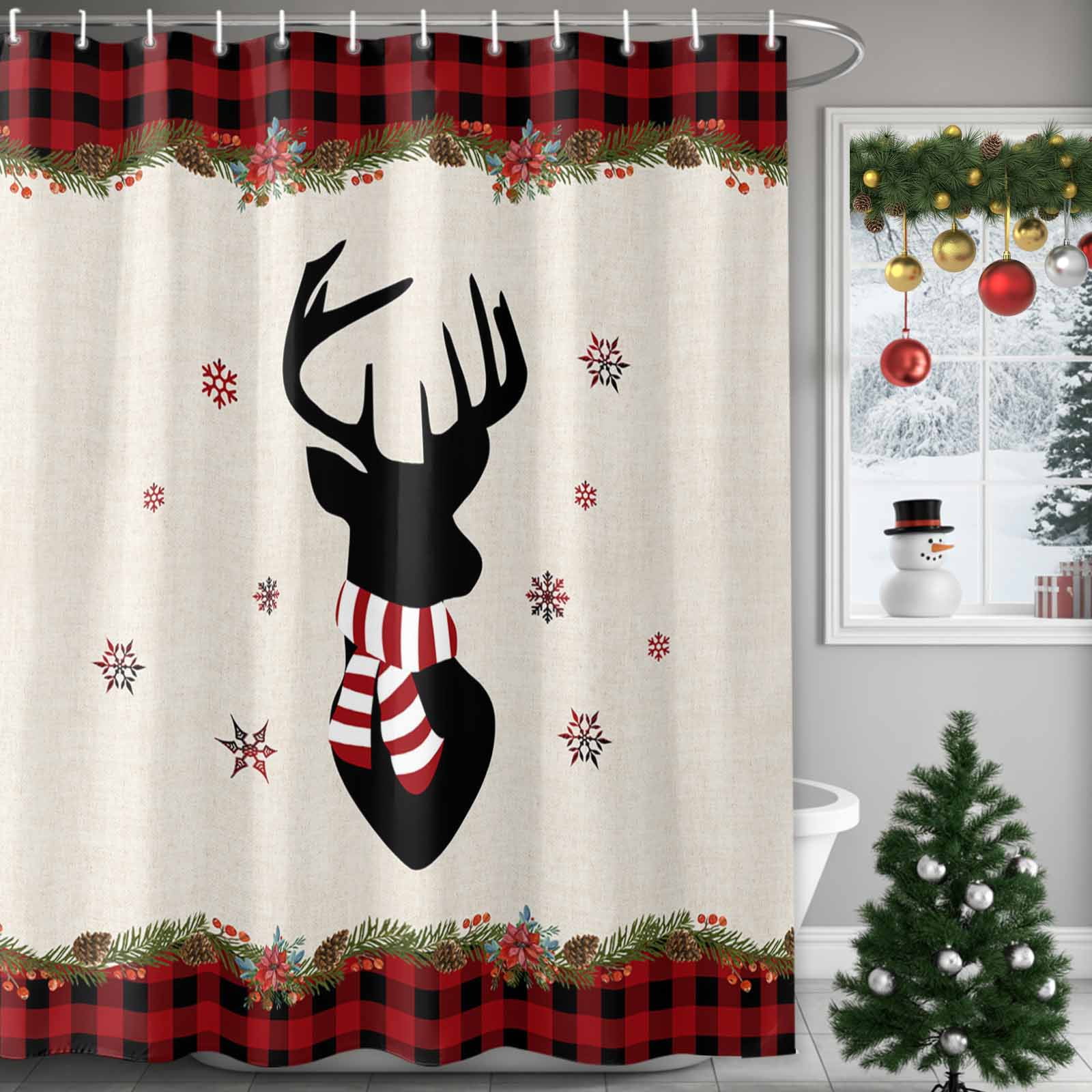 Christmas Animal Elk Shadow Red Buffalo Plaid Shower Curtain for ...
