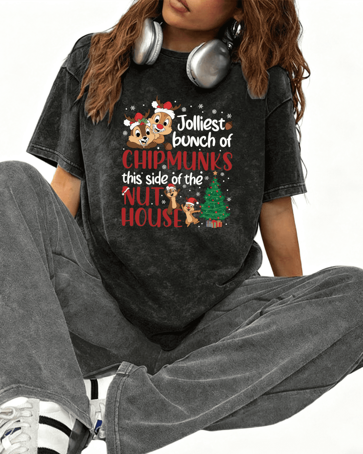 Christmas Animal Jolliest Chipmunks Graphic Washed Tee T-Shir Print Top Short Sleeve Black S-2XL ...