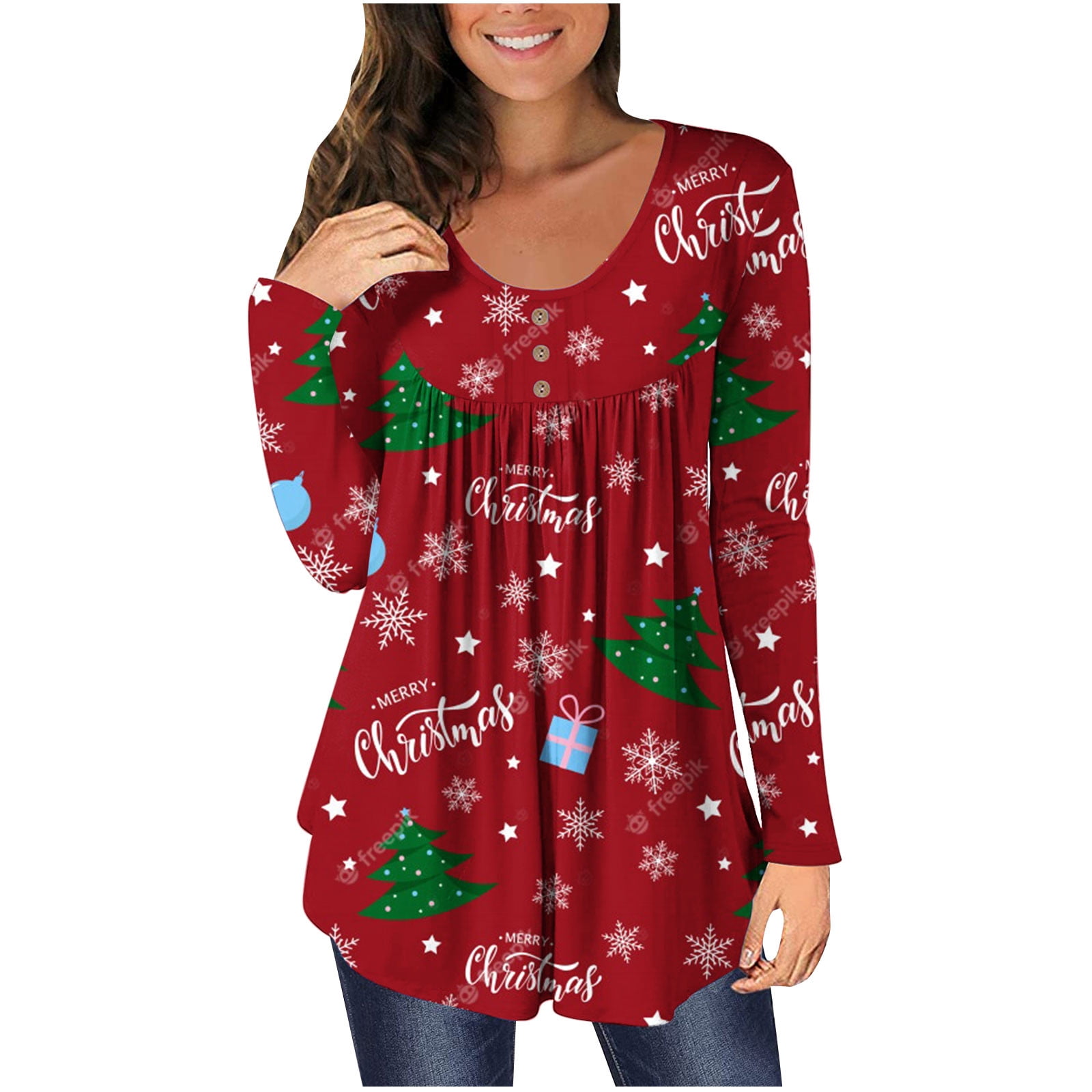 Christmas Apparel Graphic Tunic Shirts for Women Long Sleeve V Neck ...