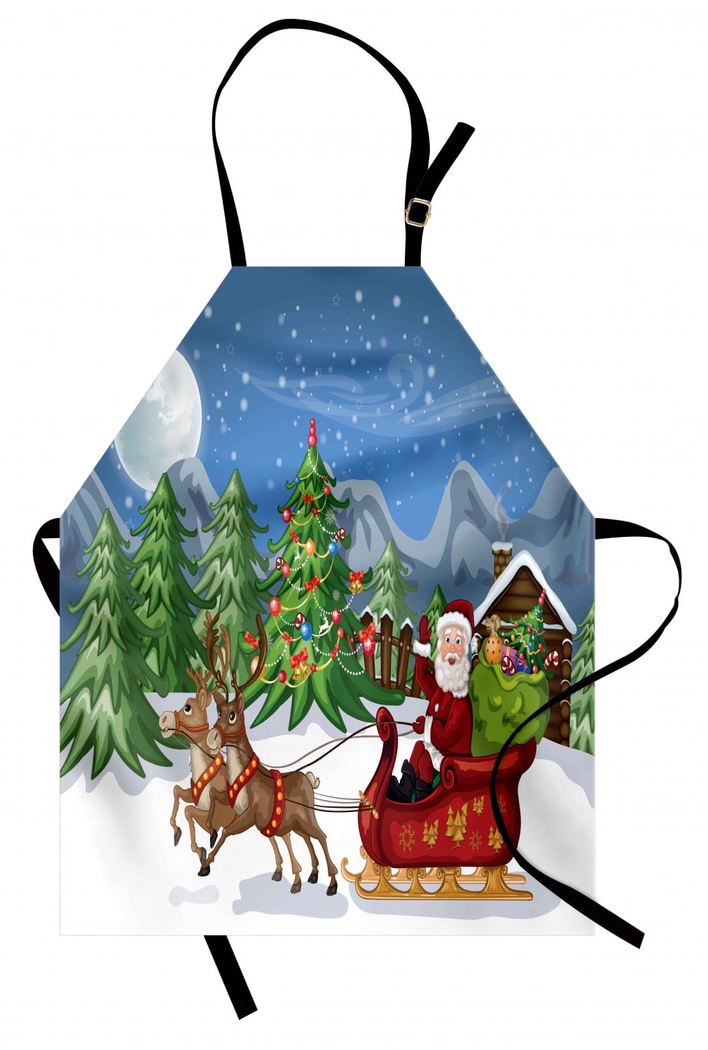 Christmas Apron Country Landscape at Night with Trees Santa Claus ...