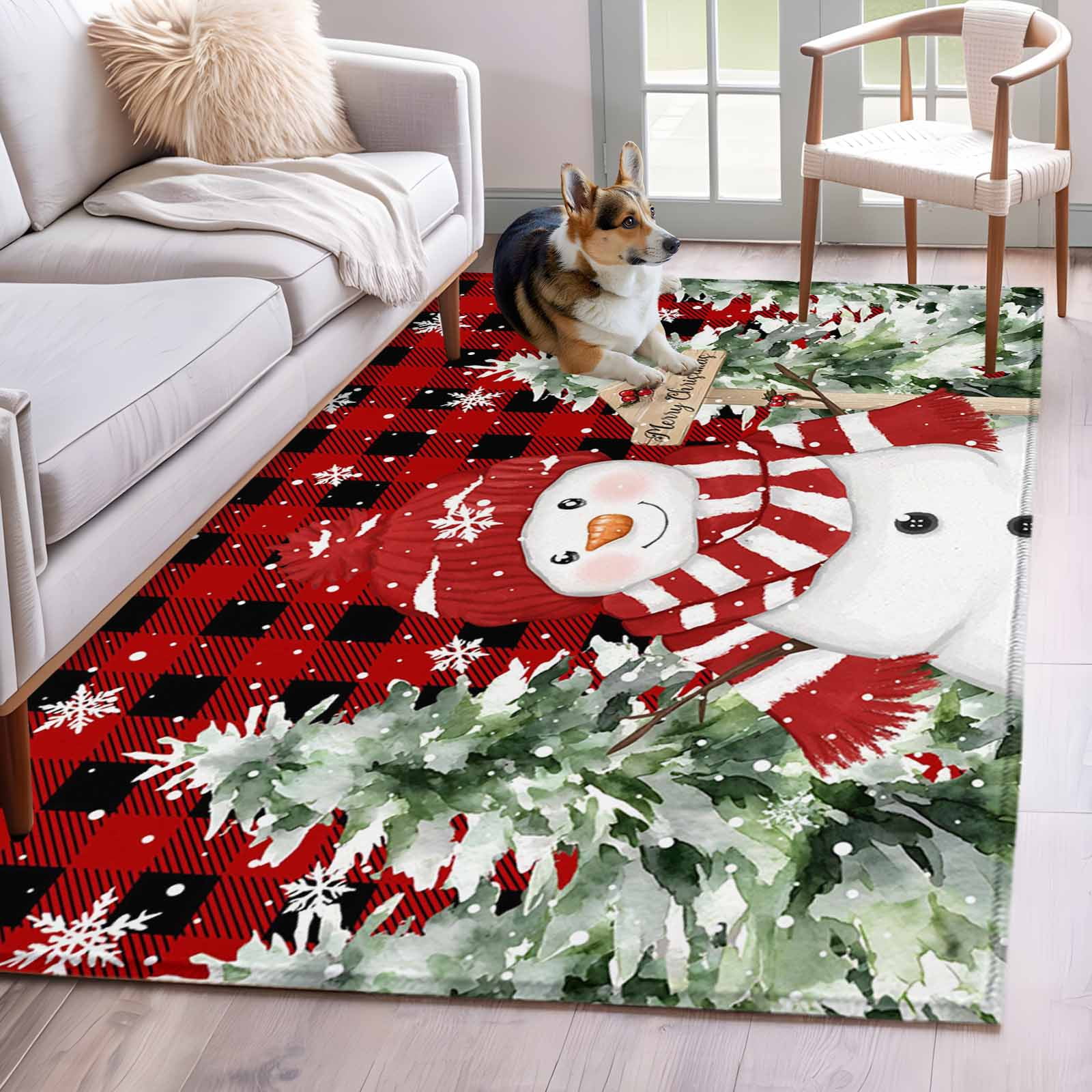 Christmas Area Rug 3x5 Washable Rug Non Slip Winter Snowman Snow Pine ...