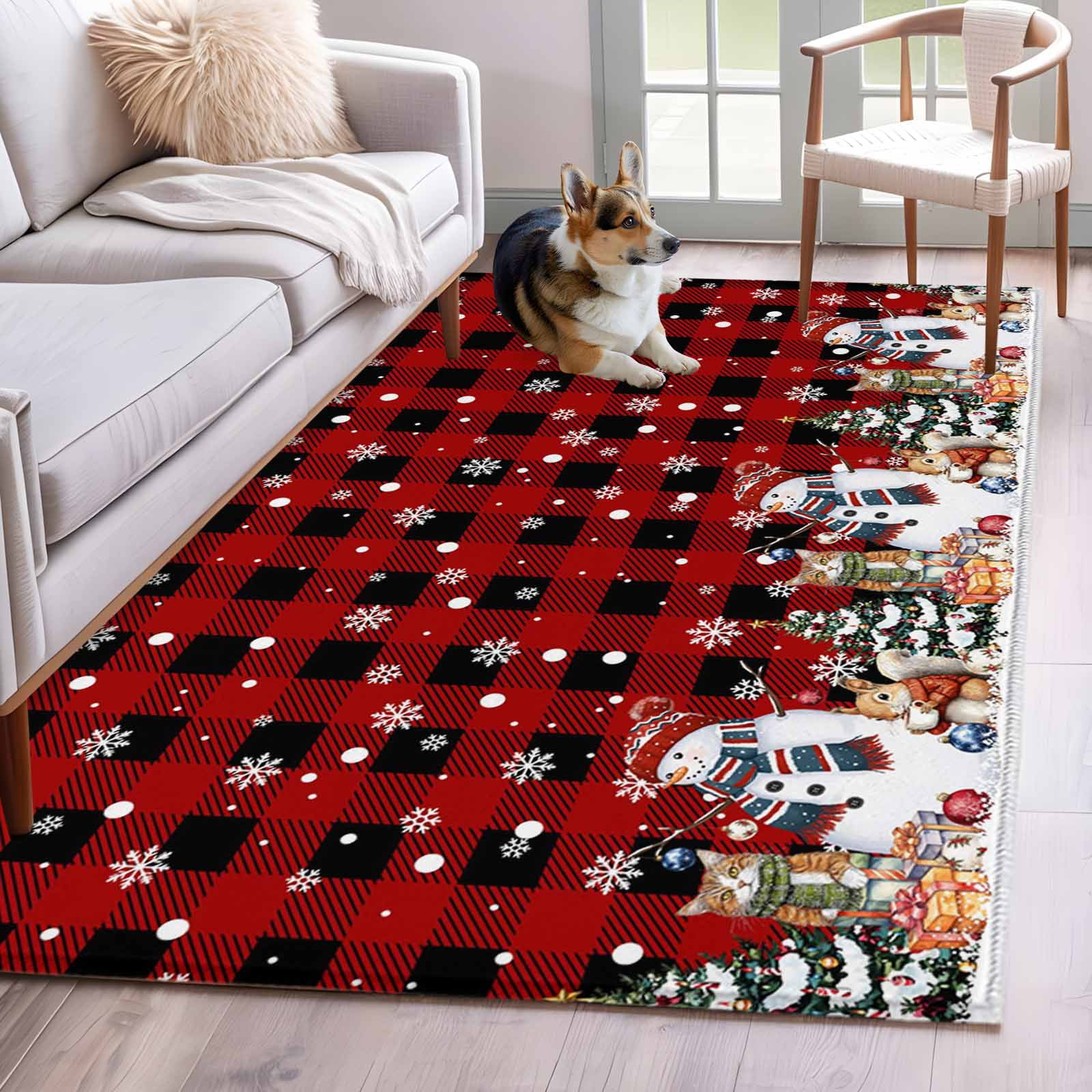 Christmas Area Rug 4x6 Washable Rug Non Slip Snowman Animals Snow Pine ...