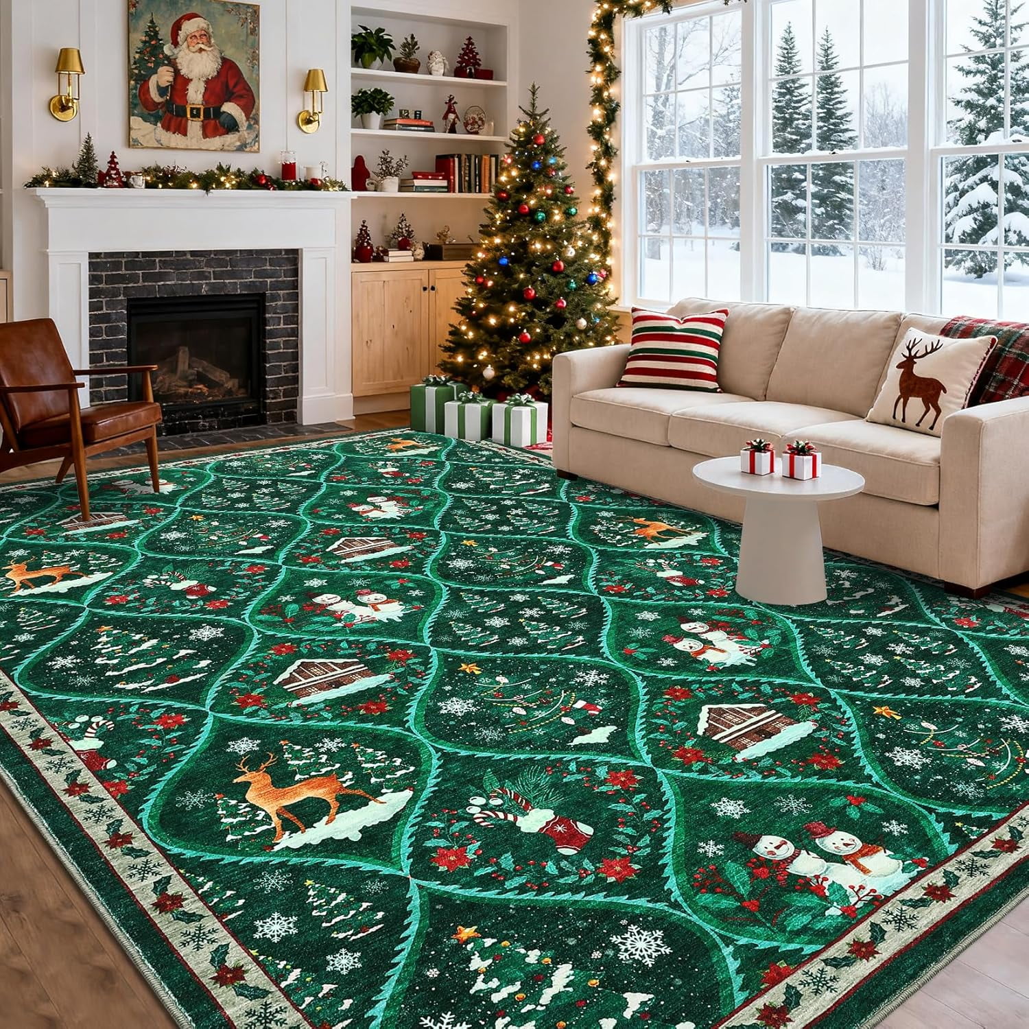 Christmas Area Rug 5' x 7', Santa Reindeer Holiday Accent Rug Non Slip ...