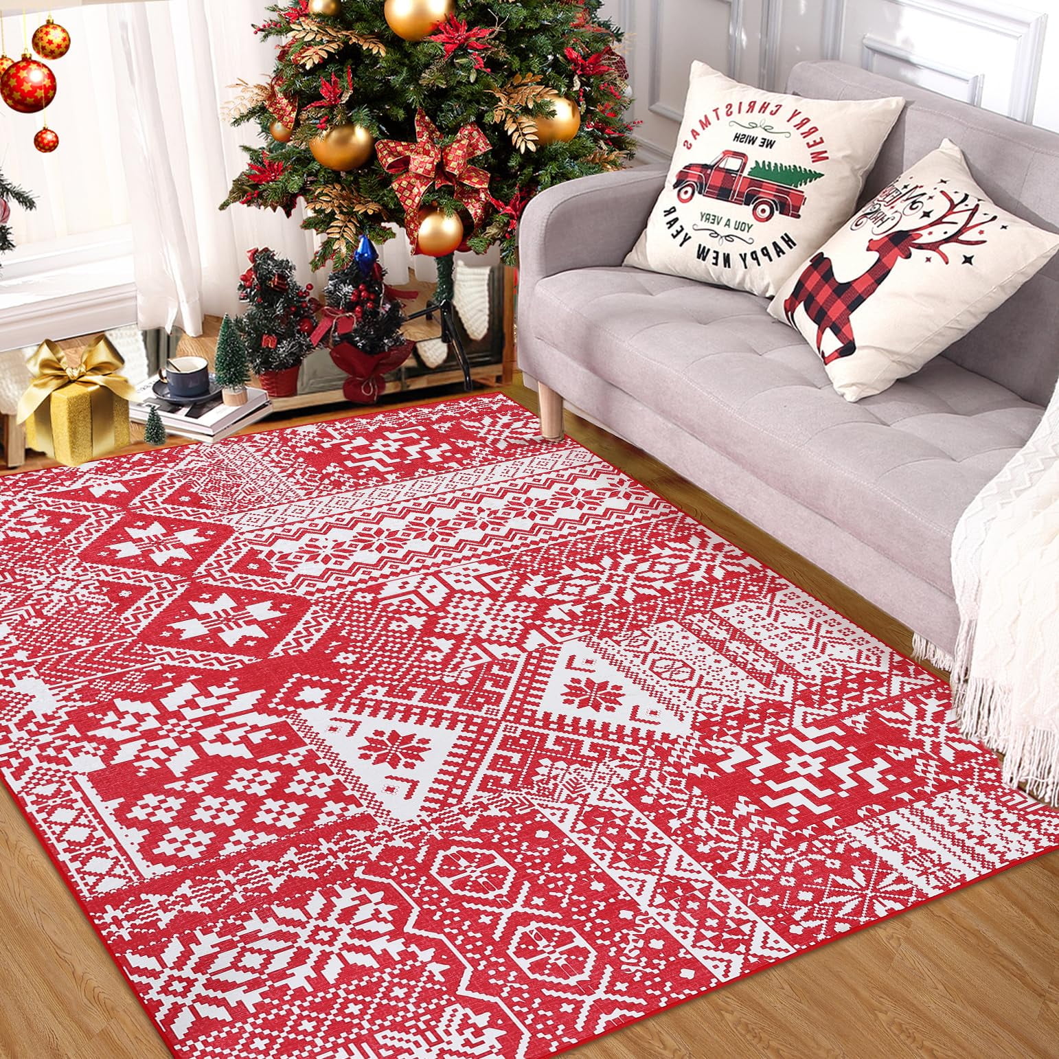 Christmas Area Rug 8x10 Rug Non-Slip Rubber Back Washable Low-Pile Indoor Accent Throw Rug Floor ...