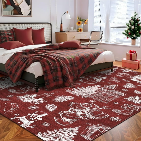 Christmas Area Rug, Machine Washable Non-Slip Holiday Carpet with Xmas ...