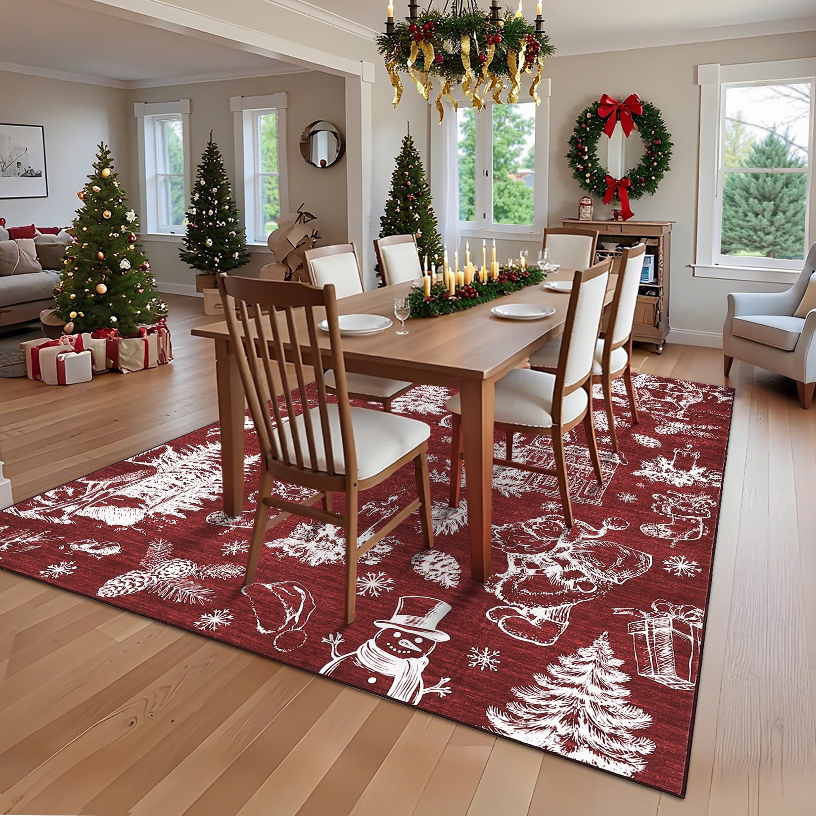 Christmas Area Rug, Machine Washable Non-Slip Holiday Carpet with Xmas ...
