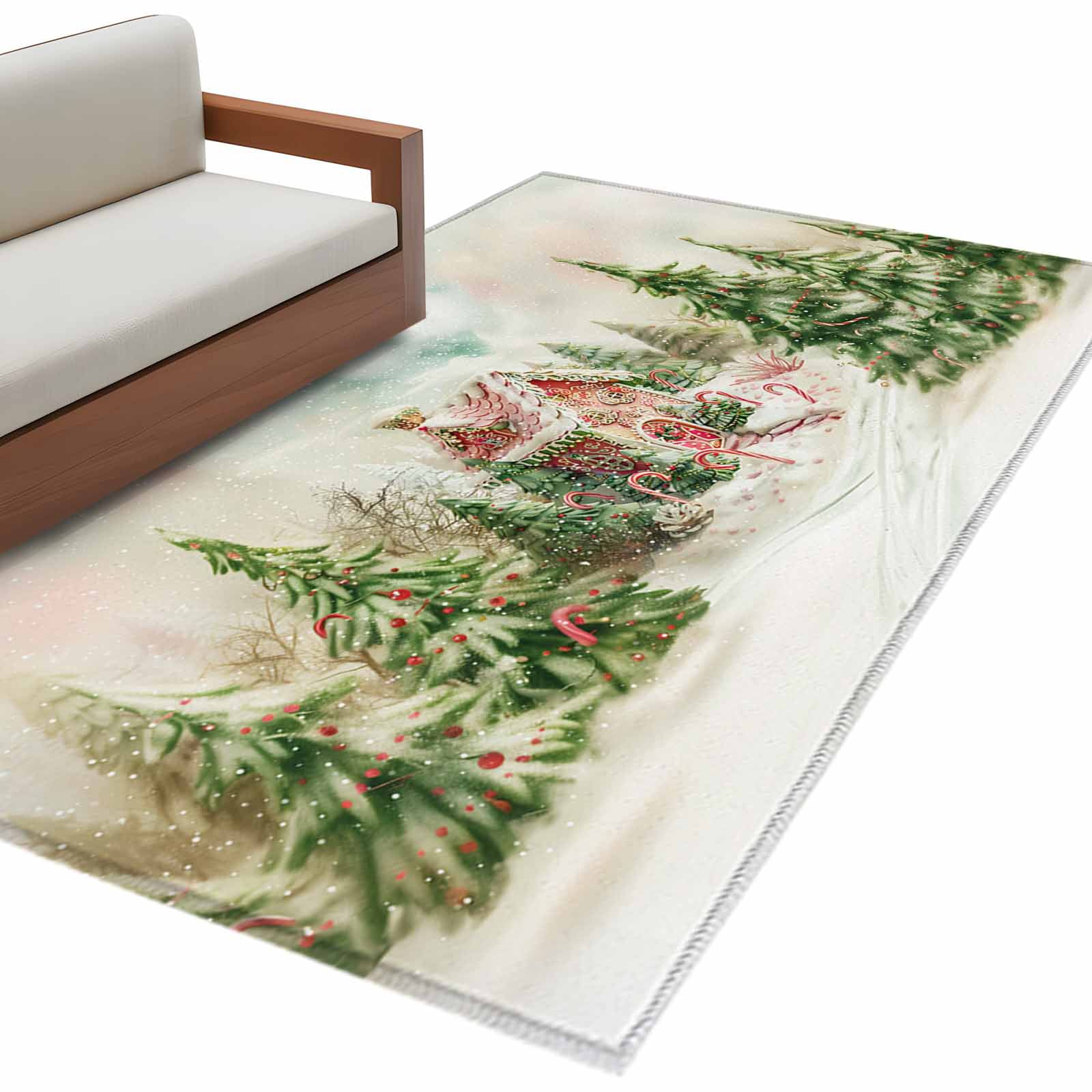 Christmas Area Rug 4x6ft Snow Evergreen Candy House and Candy Cane Non ...