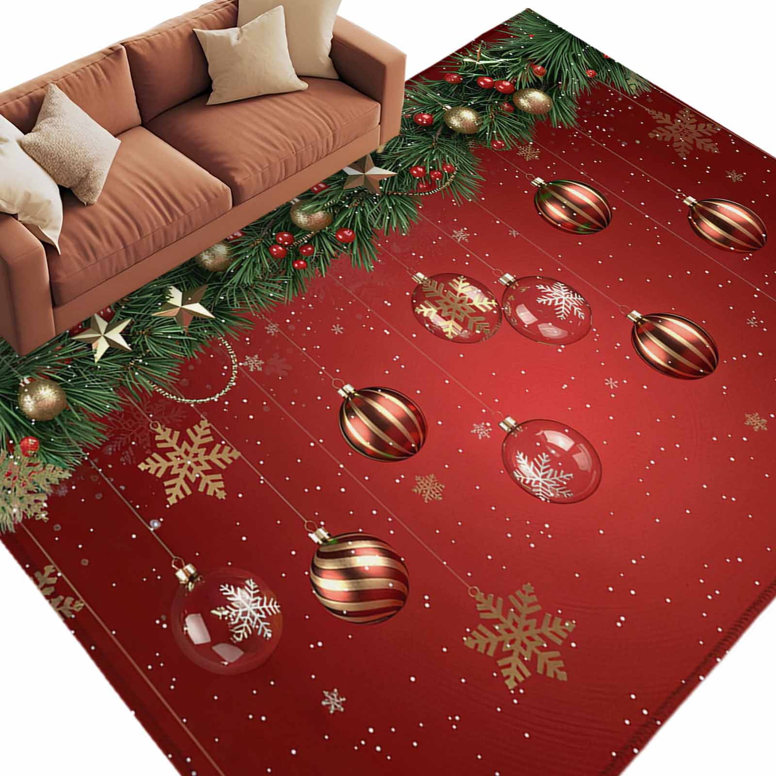 Christmas Area Rug 5x7ft Modern Red Ball Ribbon Pine Branch Stars Non ...