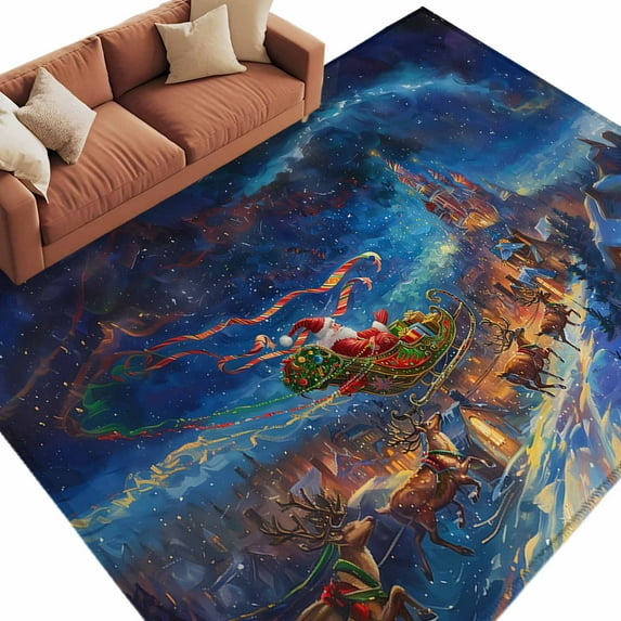 Christmas Area Rug 5x8ft Santa Claus Sleigh Reindeer Aurora Oil ...