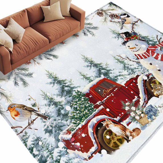 Christmas Area Rug 5x8ft Xmas Snowman Truck Pine Tree Leaf Animals Blue ...