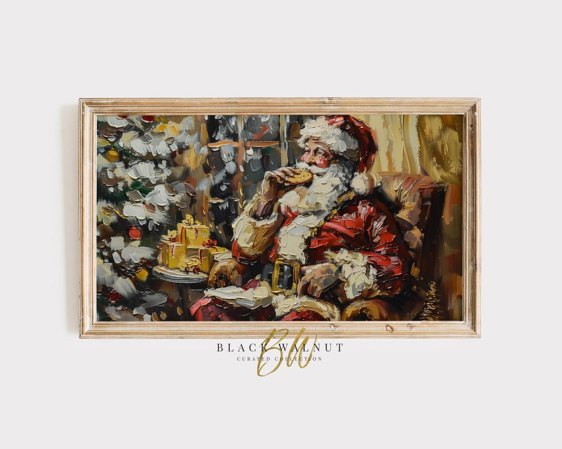 Christmas Art, Abstract Santa Claus, Jolly Santa Eating Cookies, Retro ...