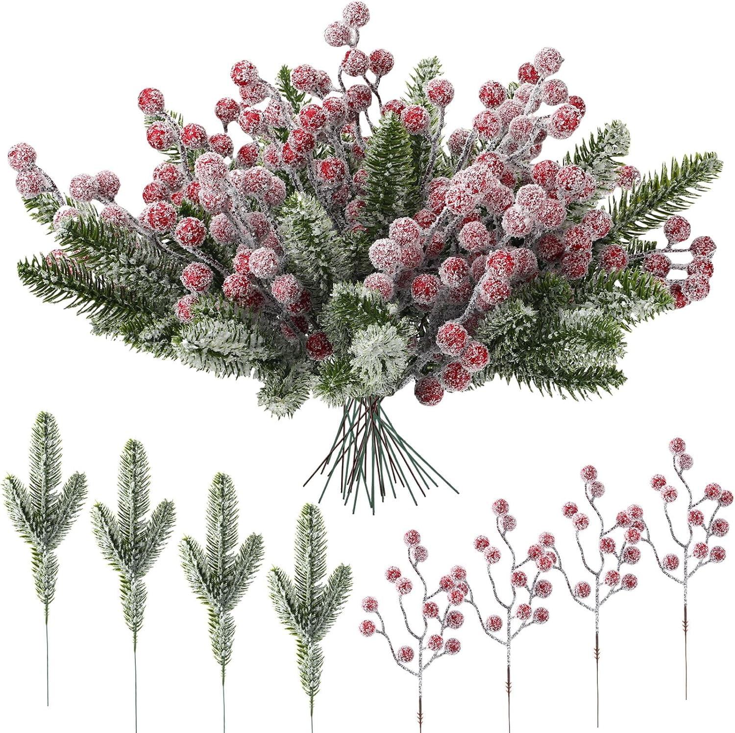 Christmas Artificial Pine Branches Holly Red Berry Stems Fake Greenery ...