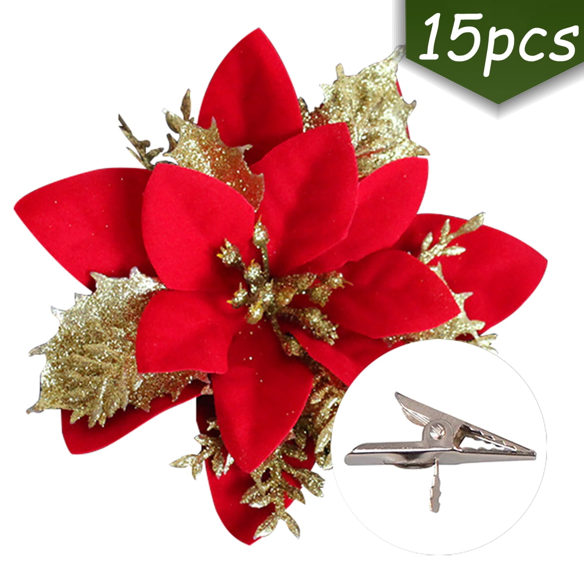 Walmart Christmas Red Poinsettia Flowers Decorations, 5.9" Large Size ...