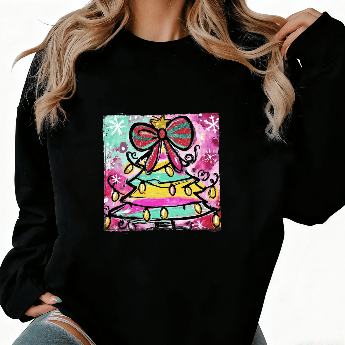 Christmas Artistic Sweatshirt - Watercolor Tree Design Graphic Long ...