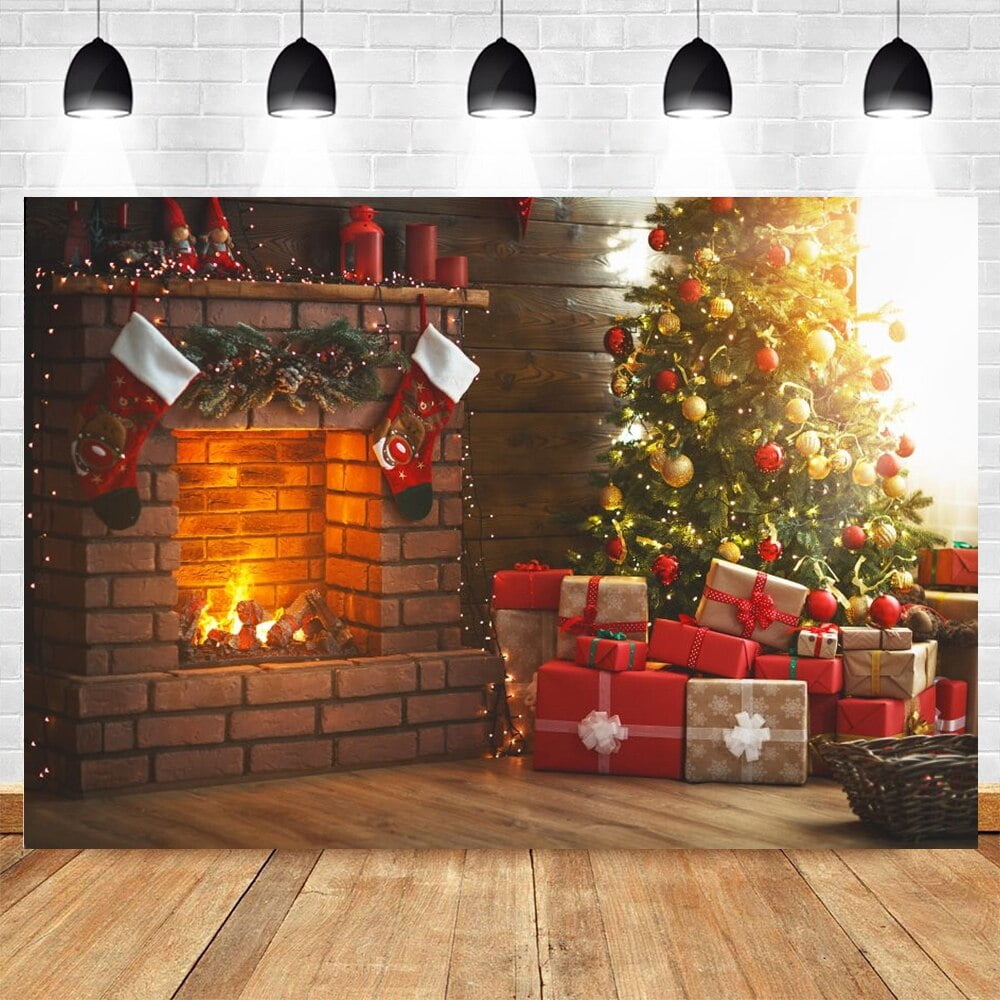 Christmas Backdrop Fireplace Tree Gifts Sock Baby Photography ...