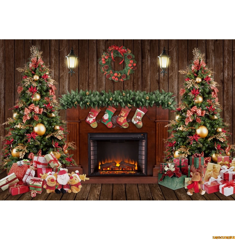 Christmas Backdrop Fireplace Xmas Tree Gifts Toys Santa Window Baby ...