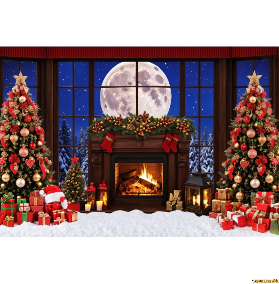 Christmas Backdrop Fireplace Xmas Tree Gifts Toys Santa Window Baby ...