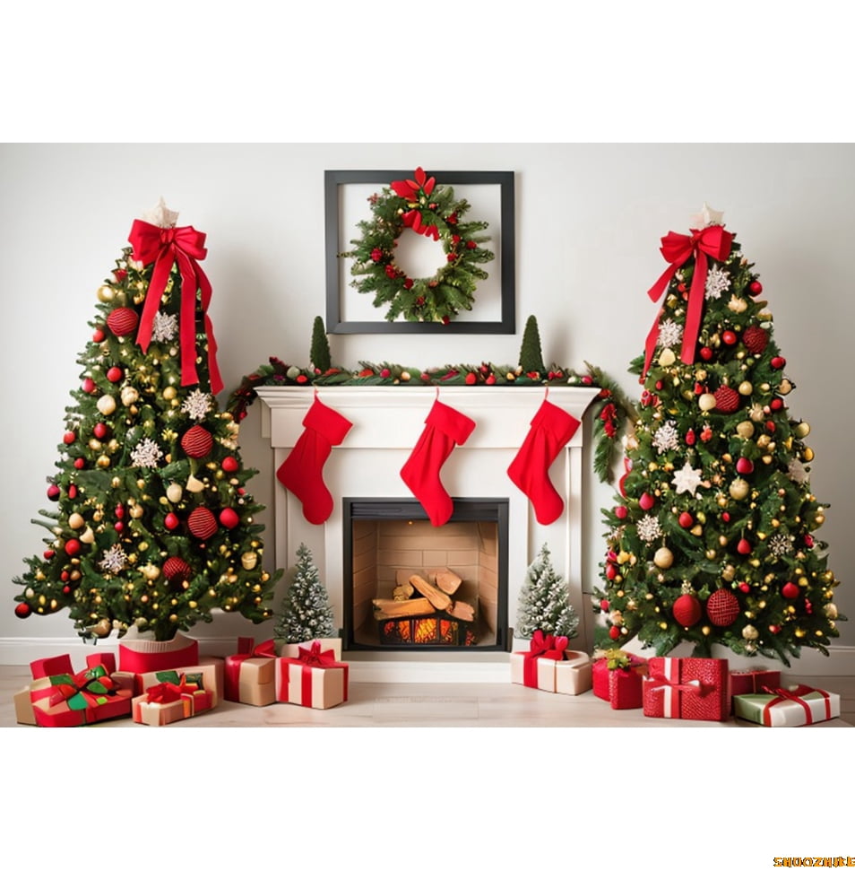 Christmas Backdrop Fireplace Xmas Tree Gifts Toys Santa Window Baby ...