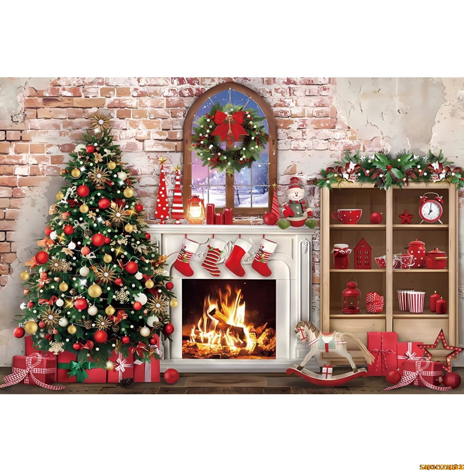 Christmas Backdrop Fireplace Xmas Tree Gifts Toys Santa Window Baby ...