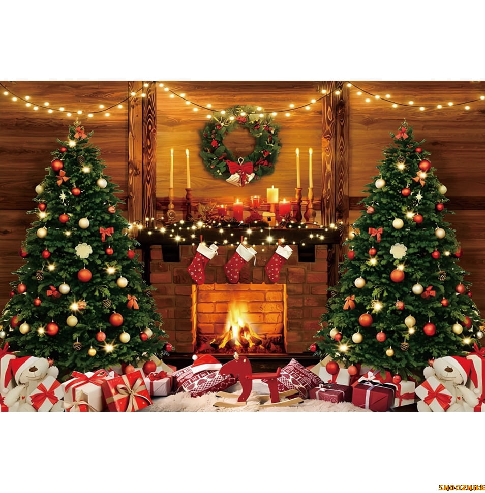 Christmas Backdrop Fireplace Xmas Tree Gifts Toys Santa Window Baby ...