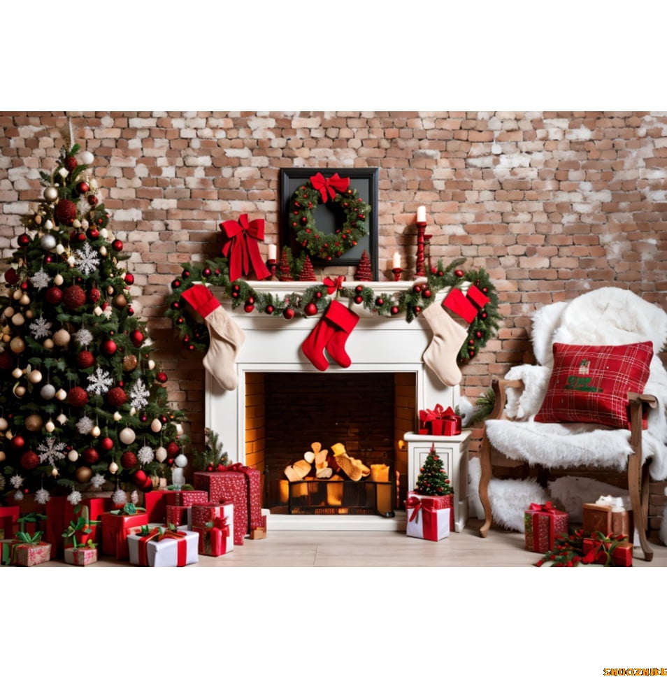 Christmas Backdrop Fireplace Xmas Tree Gifts Toys Santa Window Baby ...