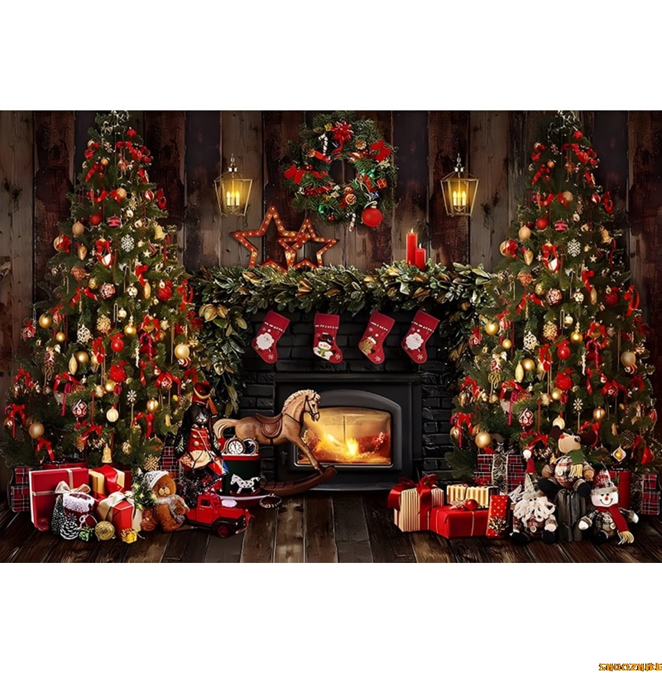 Christmas Backdrop Fireplace Xmas Tree Gifts Toys Santa Window Baby ...