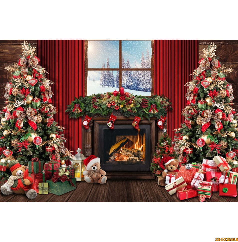 Christmas Backdrop Fireplace Xmas Tree Gifts Toys Santa Window Baby ...