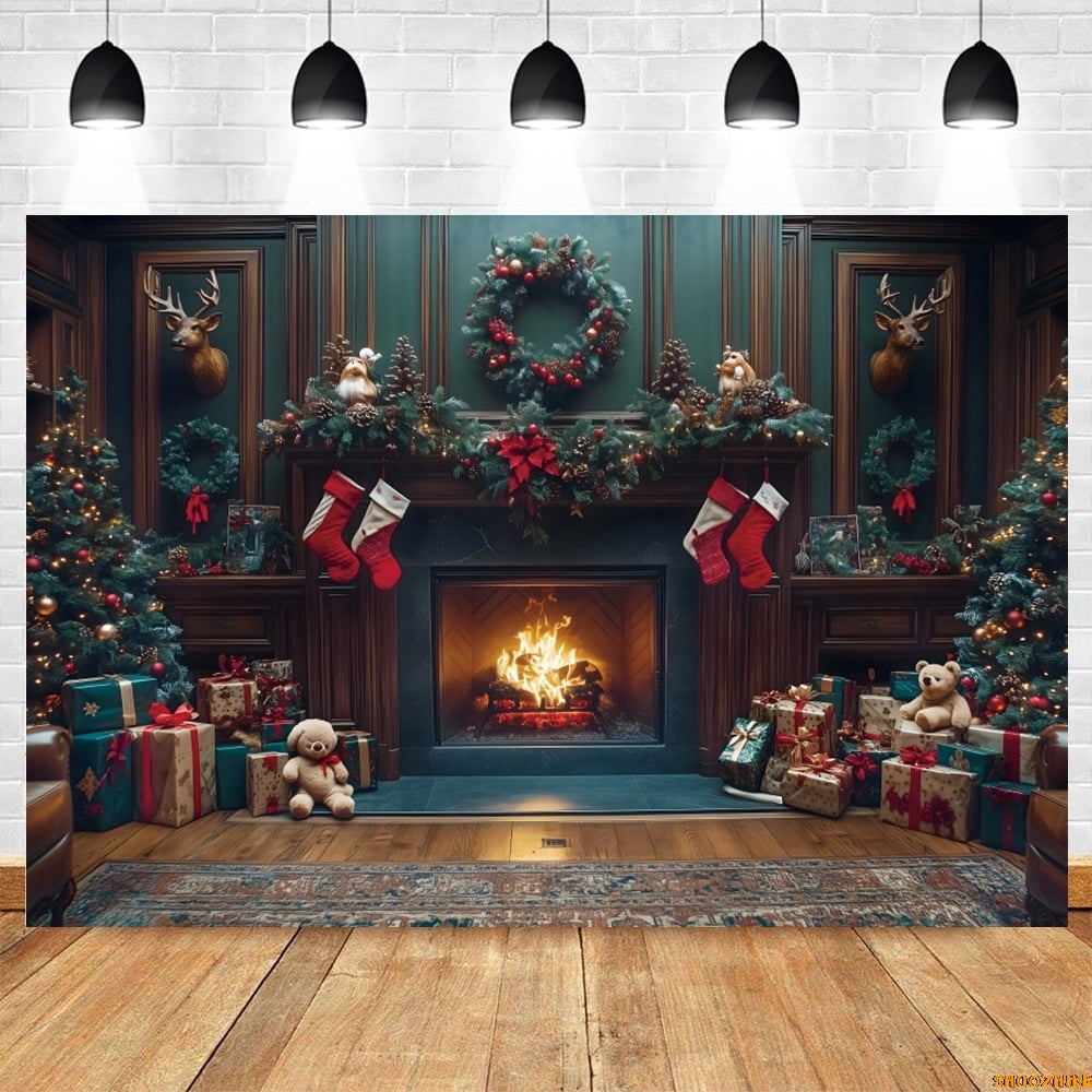 Christmas Backdrop Old Brick Fireplace Xmas Tree Gifts Toy Bear Kids ...
