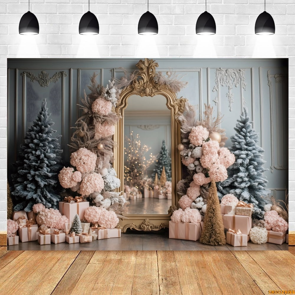 Christmas Backdrop Pink Rose Fireplace Xmas Tree Gifts Interior Baby ...