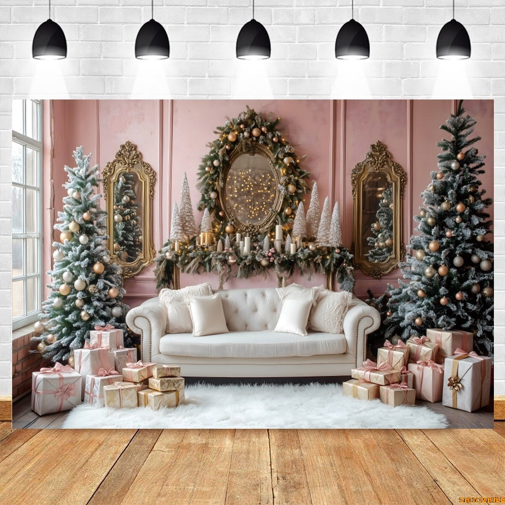 Christmas Backdrop Pink Rose Fireplace Xmas Tree Gifts Interior Baby ...