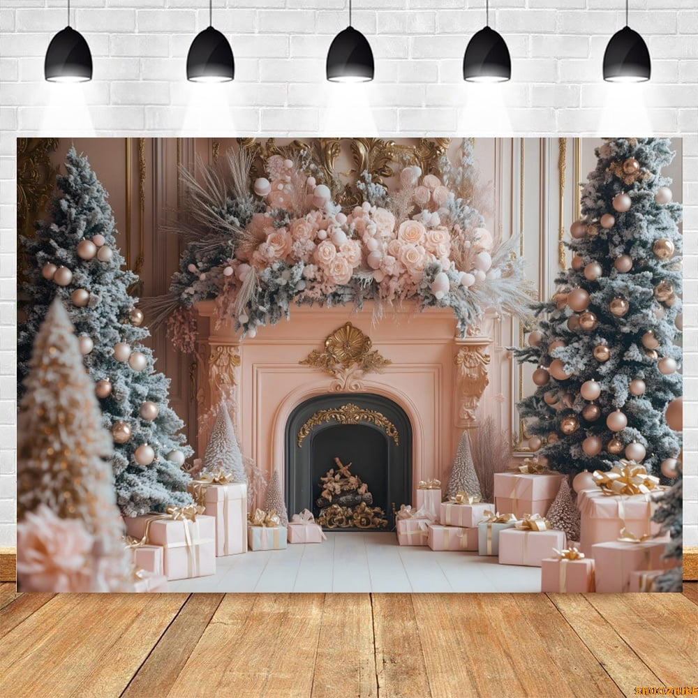 Christmas Backdrop Pink Rose Fireplace Xmas Tree Gifts Interior Baby ...