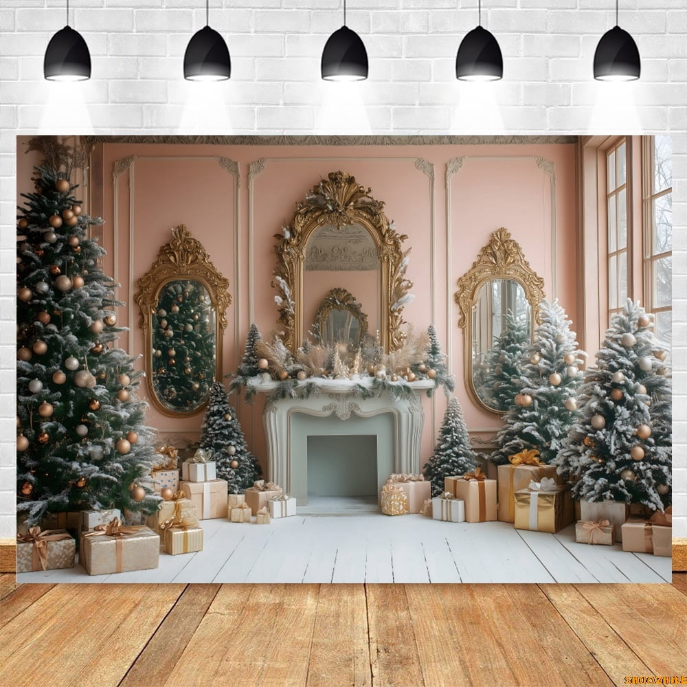 Christmas Backdrop Pink Rose Fireplace Xmas Tree Gifts Interior Baby ...