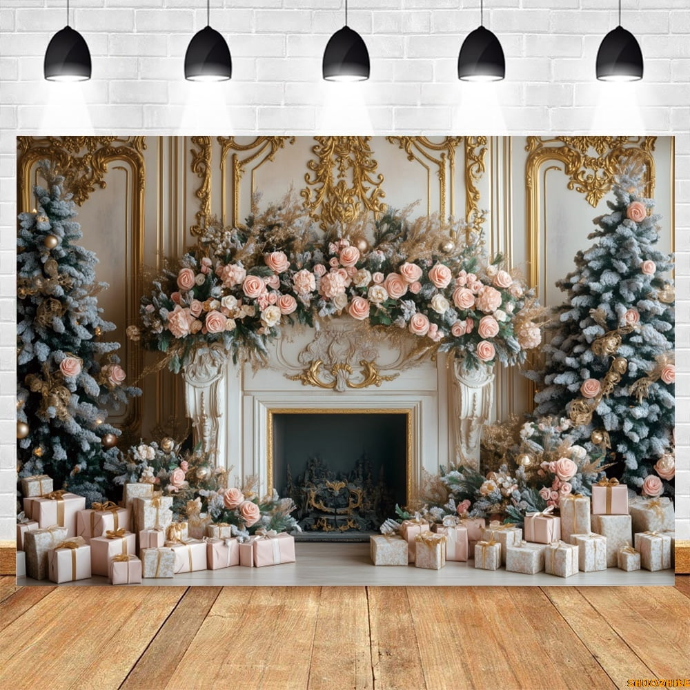 Christmas Backdrop Pink Rose Fireplace Xmas Tree Gifts Interior Baby ...