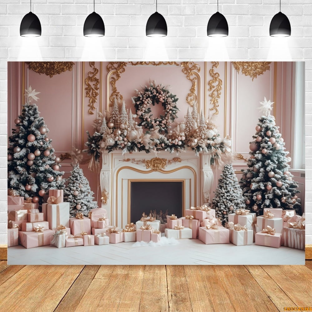 Christmas Backdrop Pink Rose Fireplace Xmas Tree Gifts Interior Baby ...