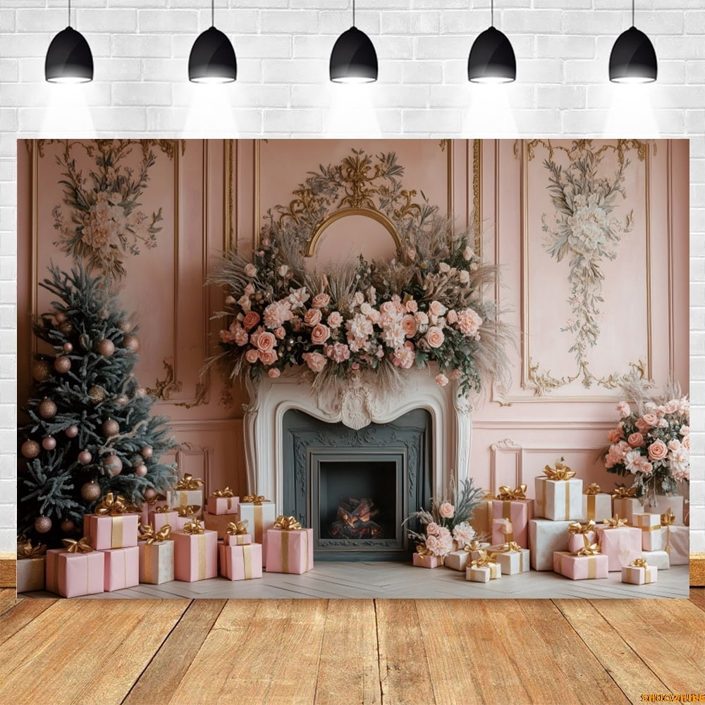 Christmas Backdrop Pink Rose Fireplace Xmas Tree Gifts Interior Baby ...