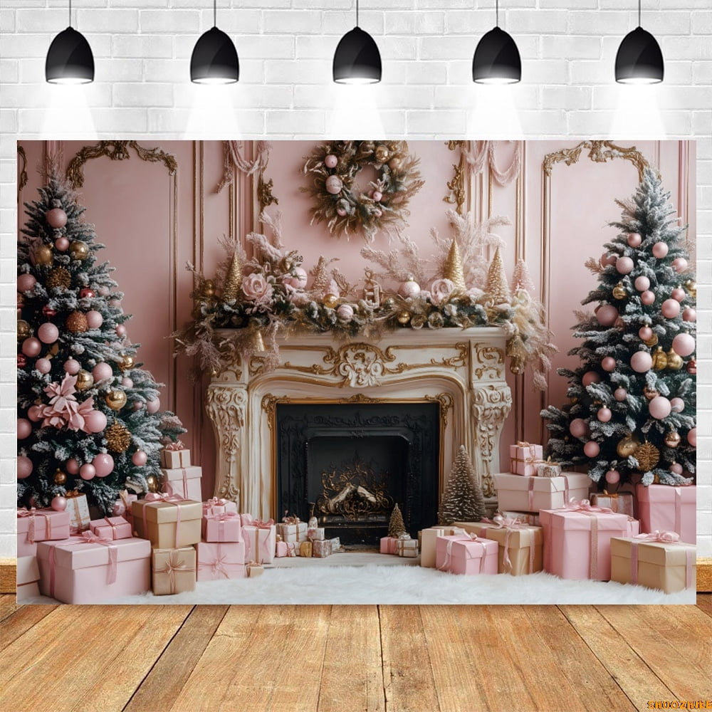 Christmas Backdrop Pink Rose Fireplace Xmas Tree Gifts Interior Baby ...