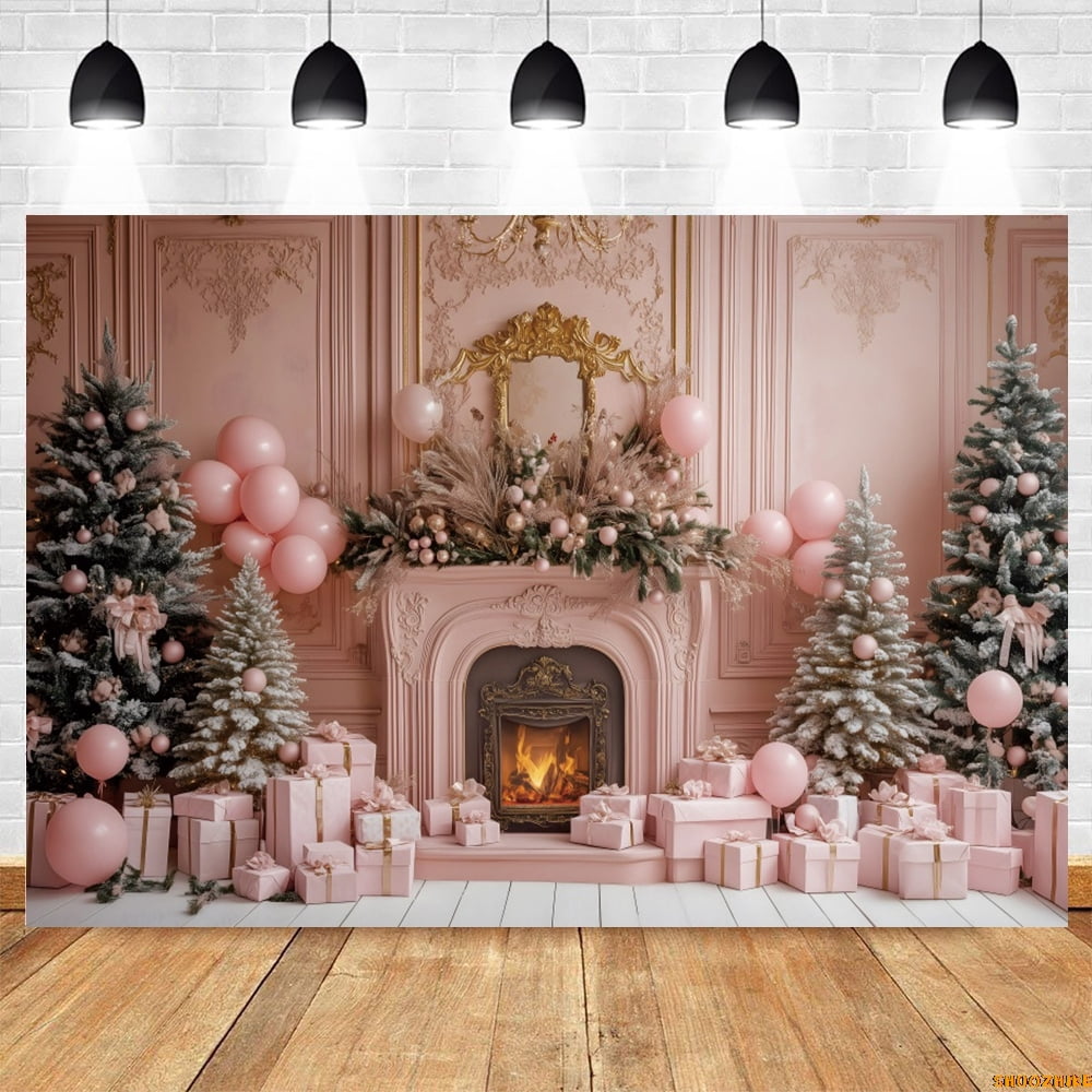 Christmas Backdrop Pink Rose Fireplace Xmas Tree Gifts Interior Baby ...