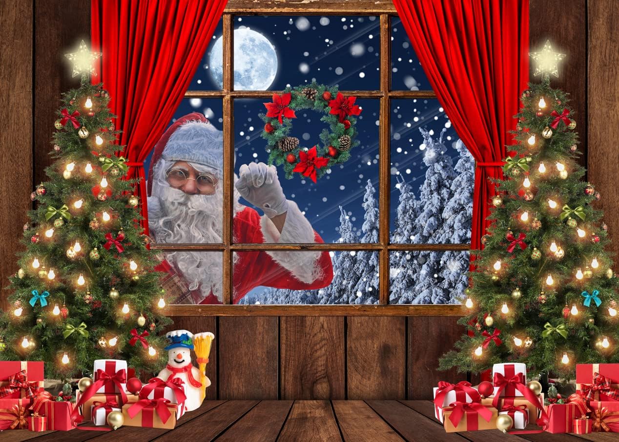 Christmas Backdrop Santa Claus Photo Background Winter Snow Xmas Wooden ...