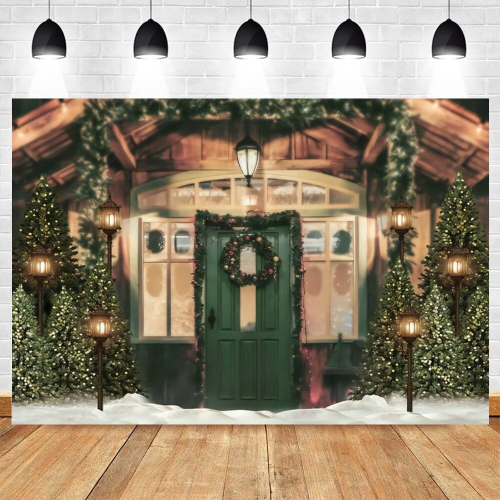 Christmas Backdrop Tree Door Lantern Winter Vintage Photography ...