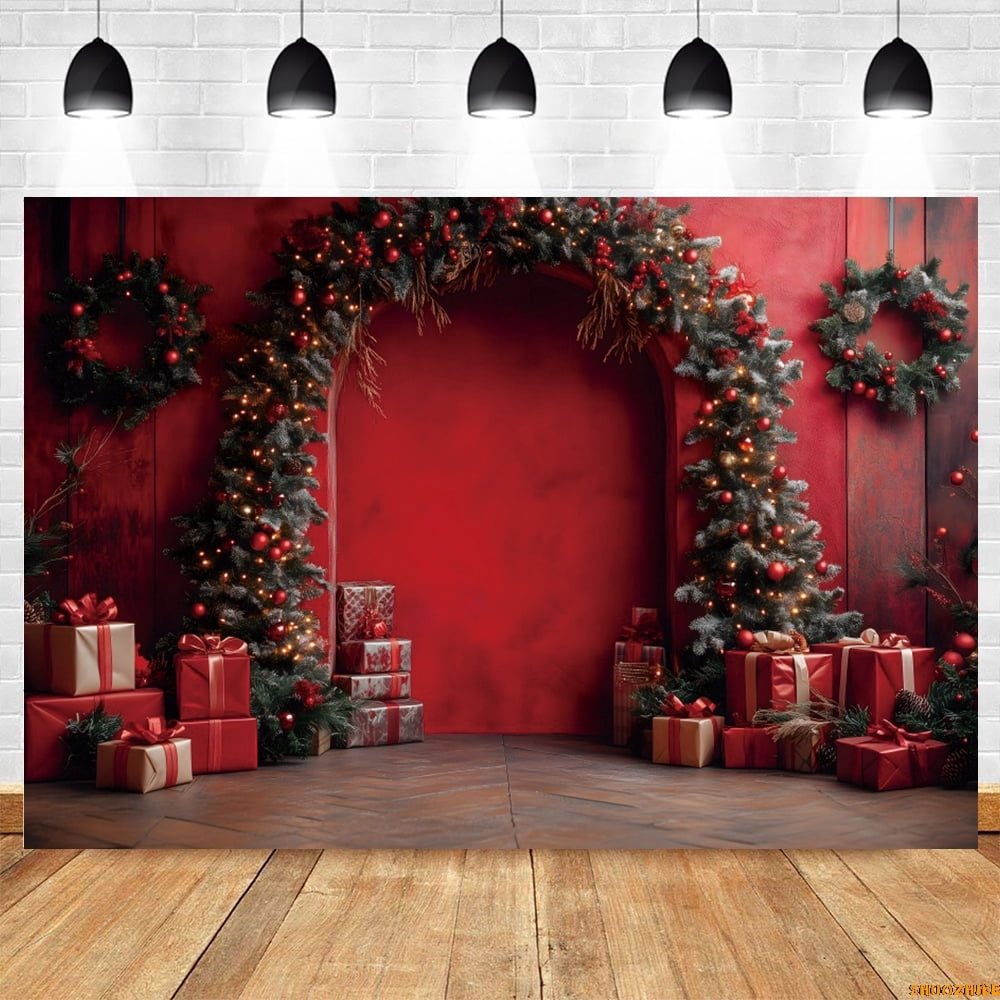 Christmas Backdrop Vintage Red Wall Arch Wreath Baby Kids Portrait ...