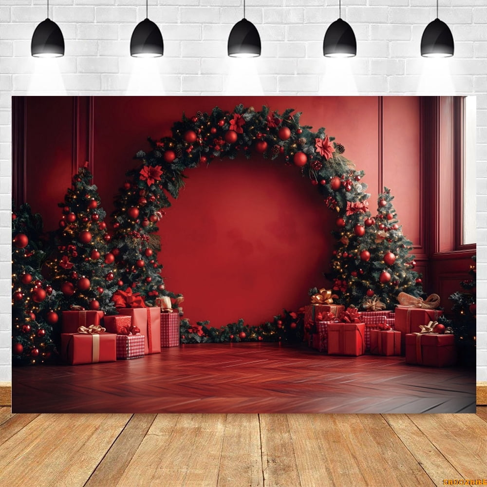 Christmas Backdrop Vintage Red Wall Arch Wreath Baby Kids Portrait ...